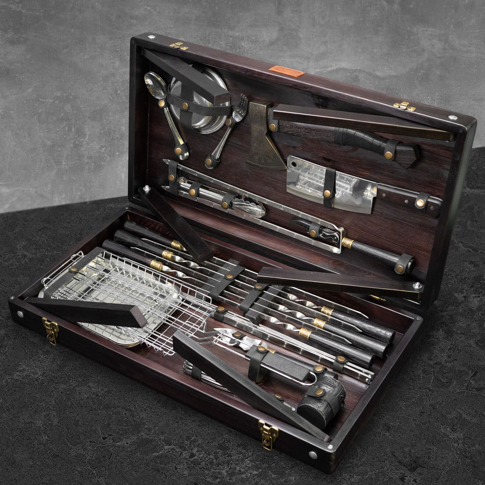 "Zebra" Grilling Accessories BBQ Skewers Set in a Wooden Box, 39 items